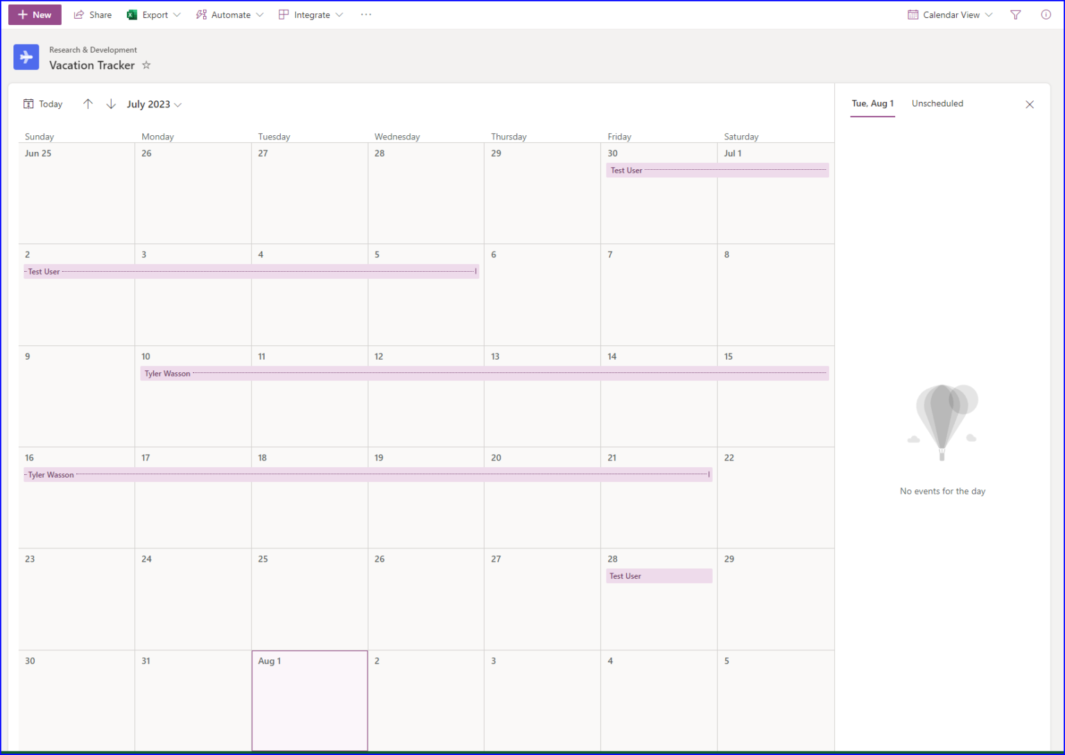 SharePoint Team Vacation Tracker – TW-Waytek