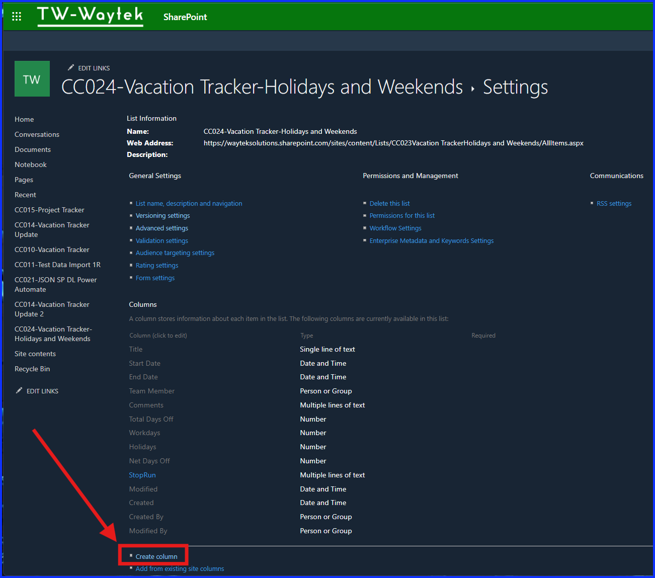 SharePoint List Vacation Time Off Tracker that Removes Weekends and Holidays – TW-Waytek